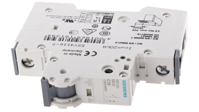 Siemens 5SY4116-7 Sentron 5SY4 MCB, 1P Poles, 16A Curve C, 400V AC, 10 ...