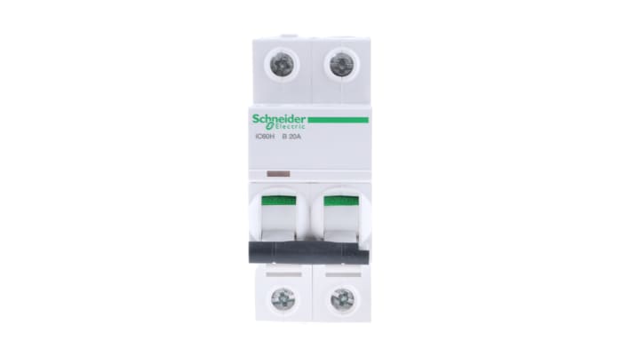 Schneider A9F53220 Acti 9 iC60H Miniature Circuit Breaker, 2P Poles, 20A Curve B, 440V AC, 100 → ...