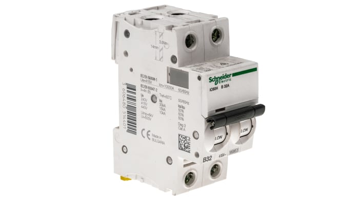 Schneider A9F53232 Acti 9 iC60H Miniature Circuit Breaker, 2P Poles, 32A Curve B, 440V AC, 100 → ...